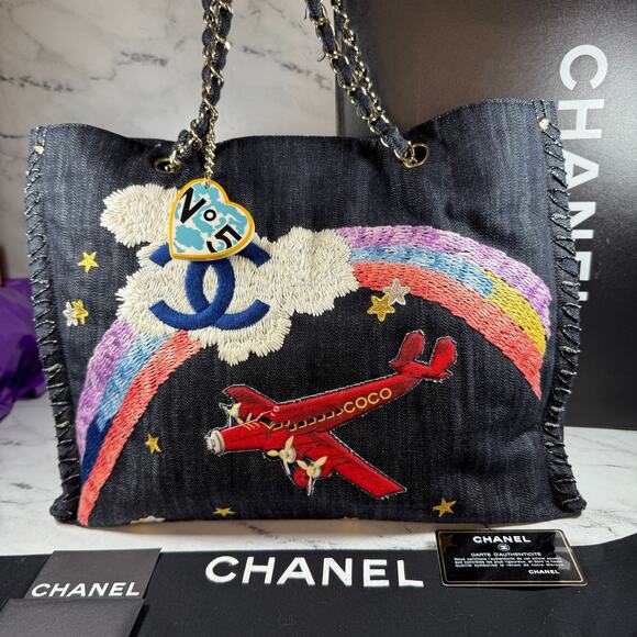 CHANEL | Bags | Chanel Denim Night Flight Tote Bag Vintage Embroider ...